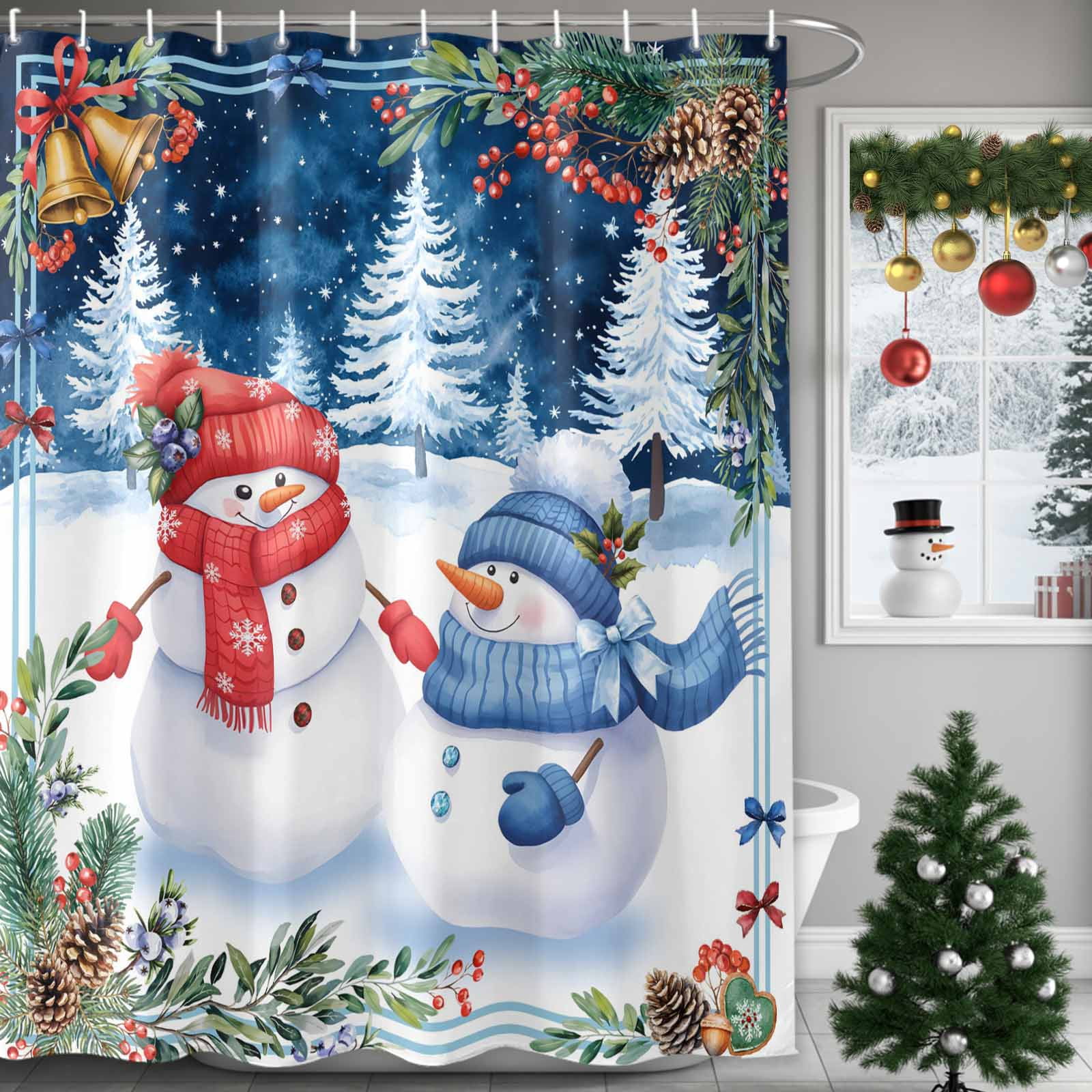 Christmas Winter Snowman Shower Curtains for Bathroom, Xmas Tree Bell ...
