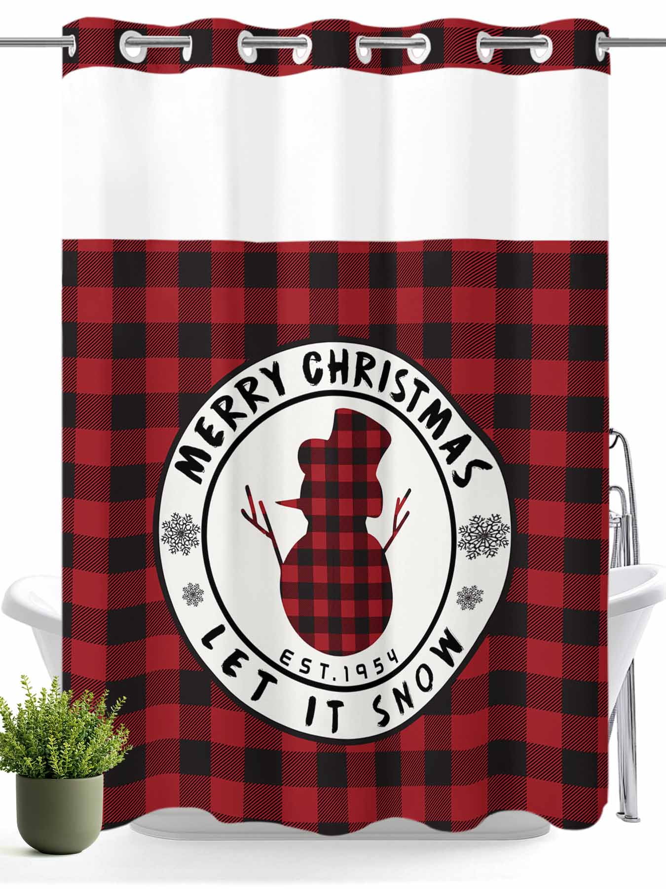 Christmas Winter Snowman and Snowflake No Hooks Shower Curtain with Snap in Fabric Liner Set ...