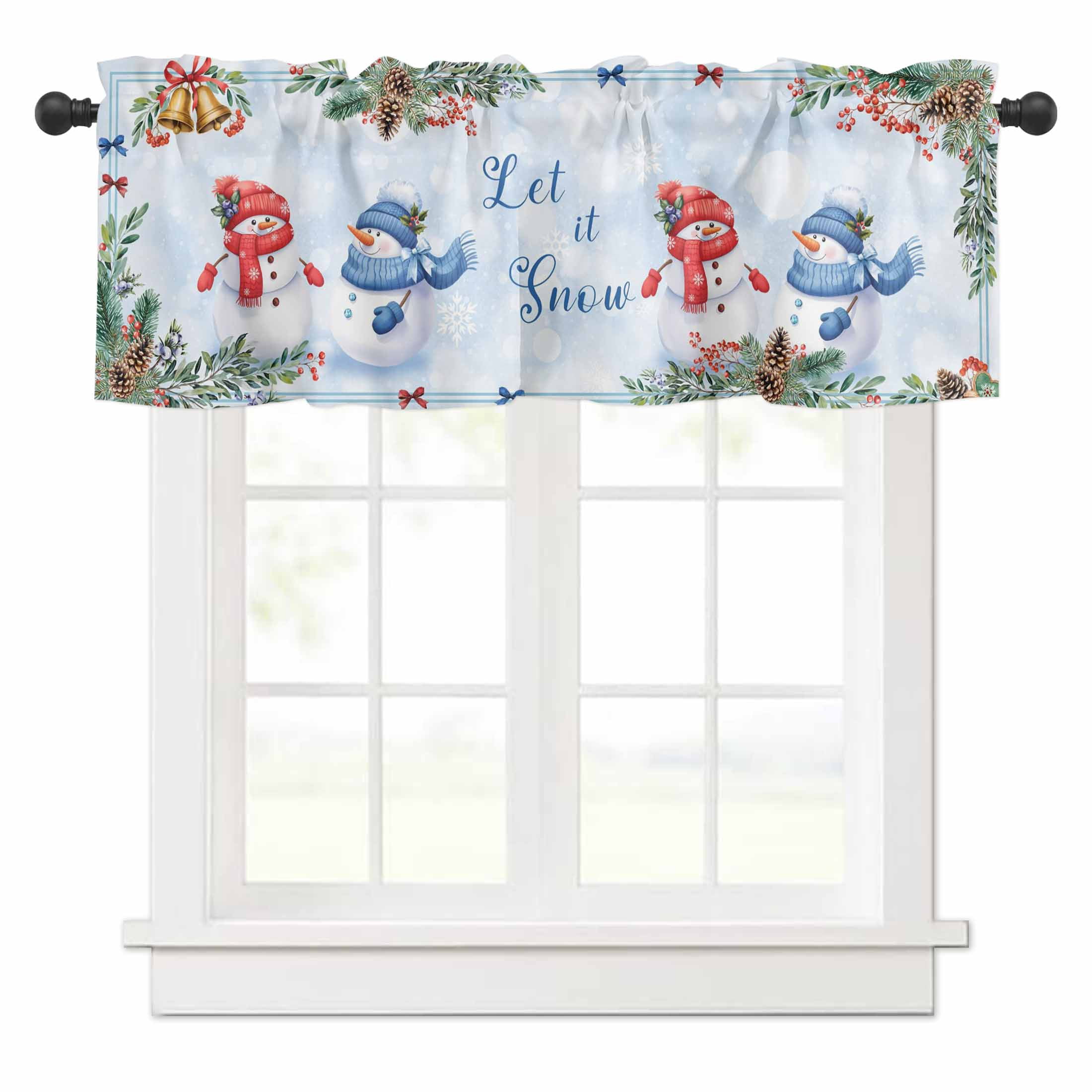 Christmas Winter Snowman Valances for Windows Xmas Tree Bell Pine Cone ...
