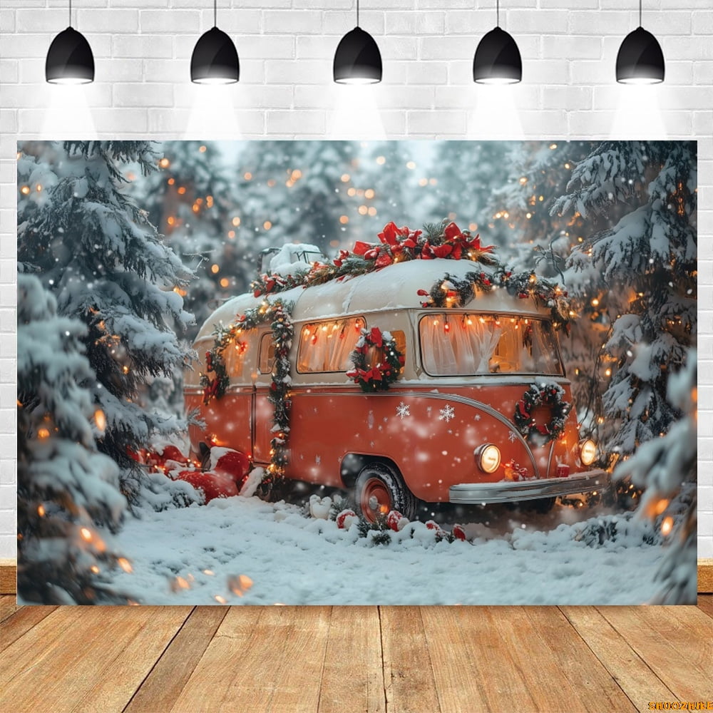 Christmas Winter Snowy Bus Backdrop Forest Camping Car Baby Kids Family ...
