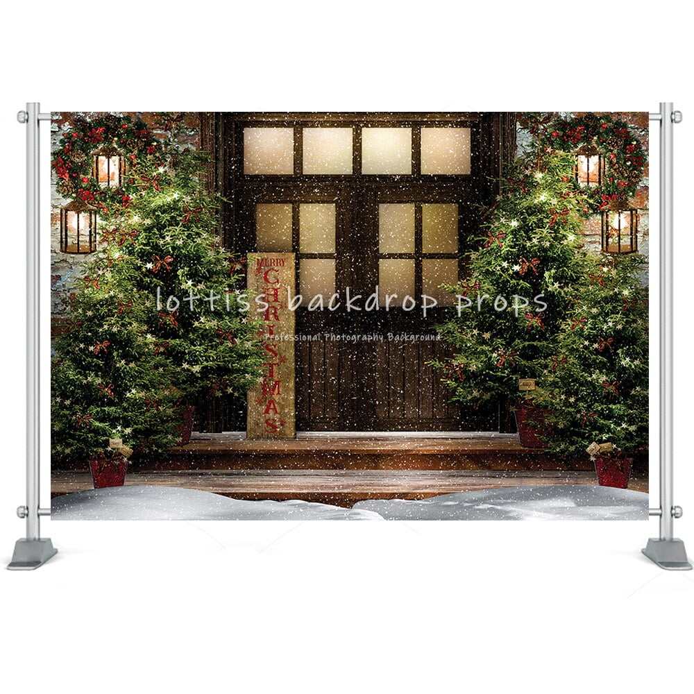 Christmas Winter Street House Photography Backdrop Toy Tree Cart Wreath ...