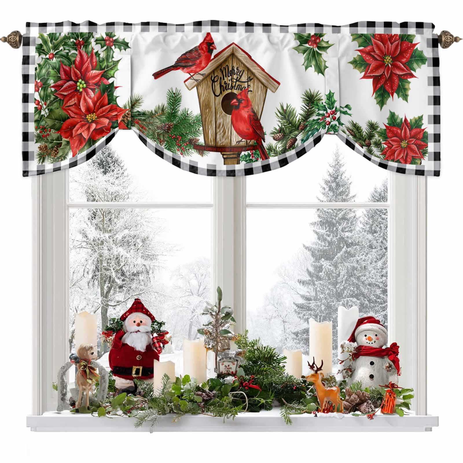 Christmas Winter Tie Up Valances Curtain, Cardinal Flowers Poinsettia ...