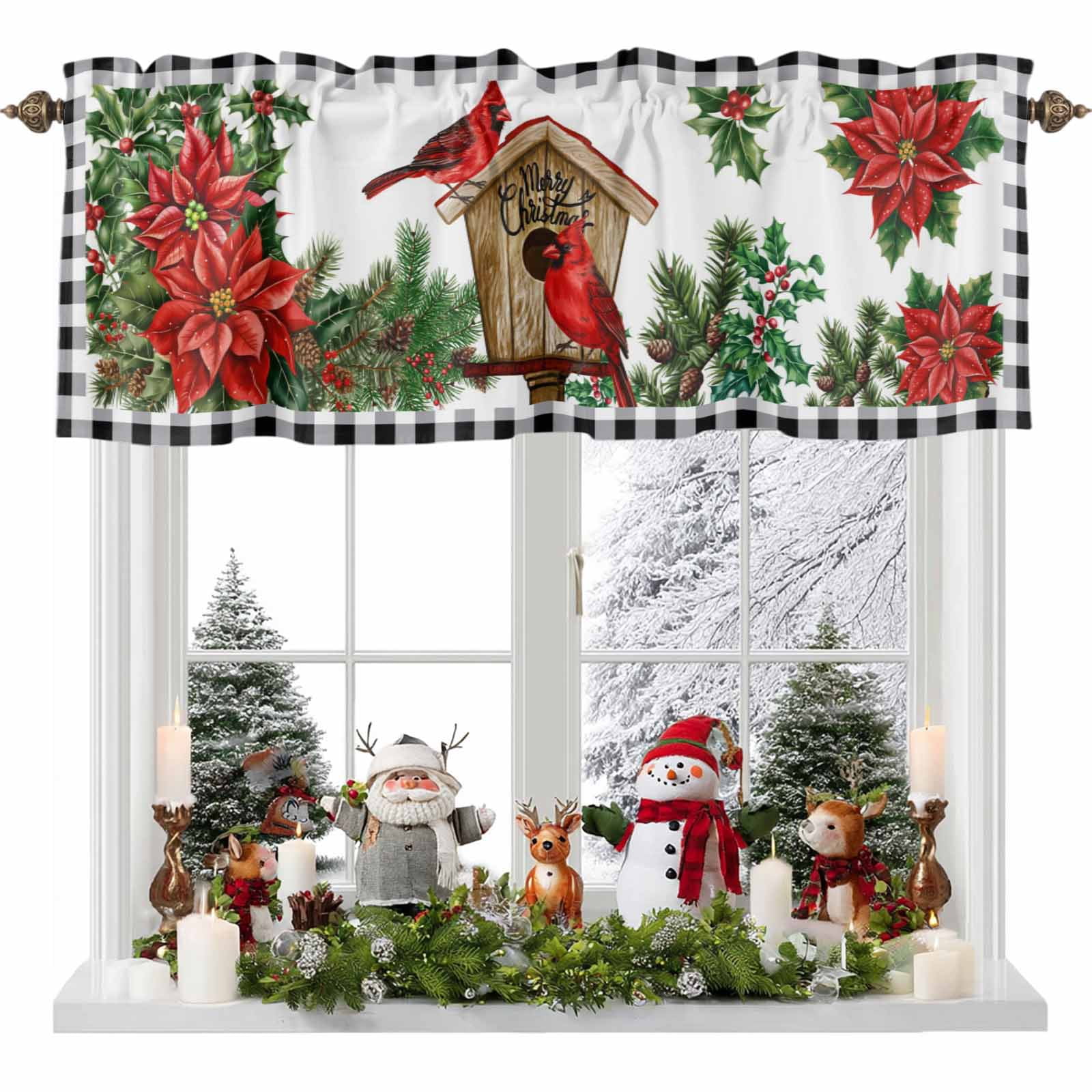 Christmas Winter Valances for Windows, Cardinal Flowers Bird Poinsettia ...