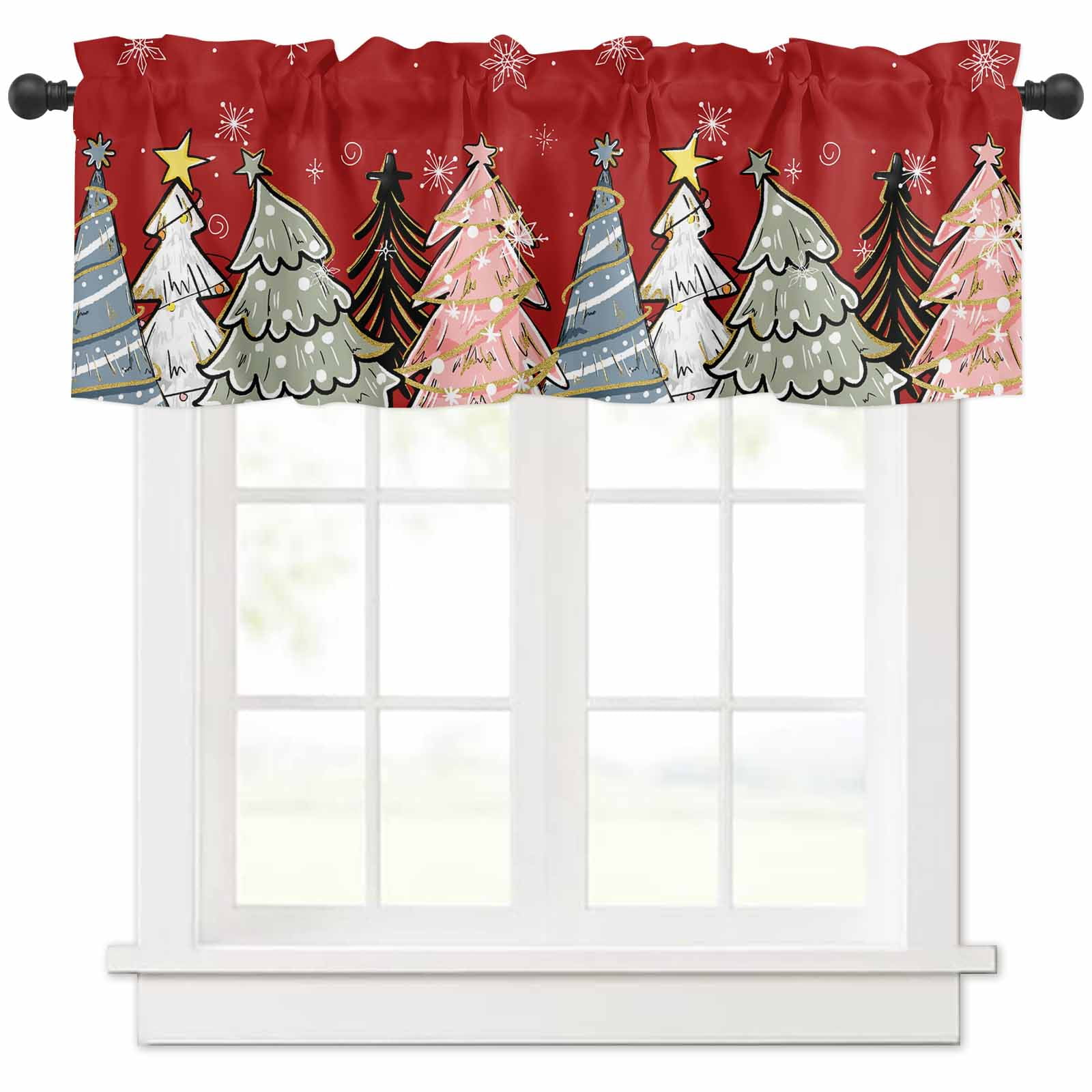 Christmas Winter Valances for Windows, Snowflakes Pine Tree Simple Red ...