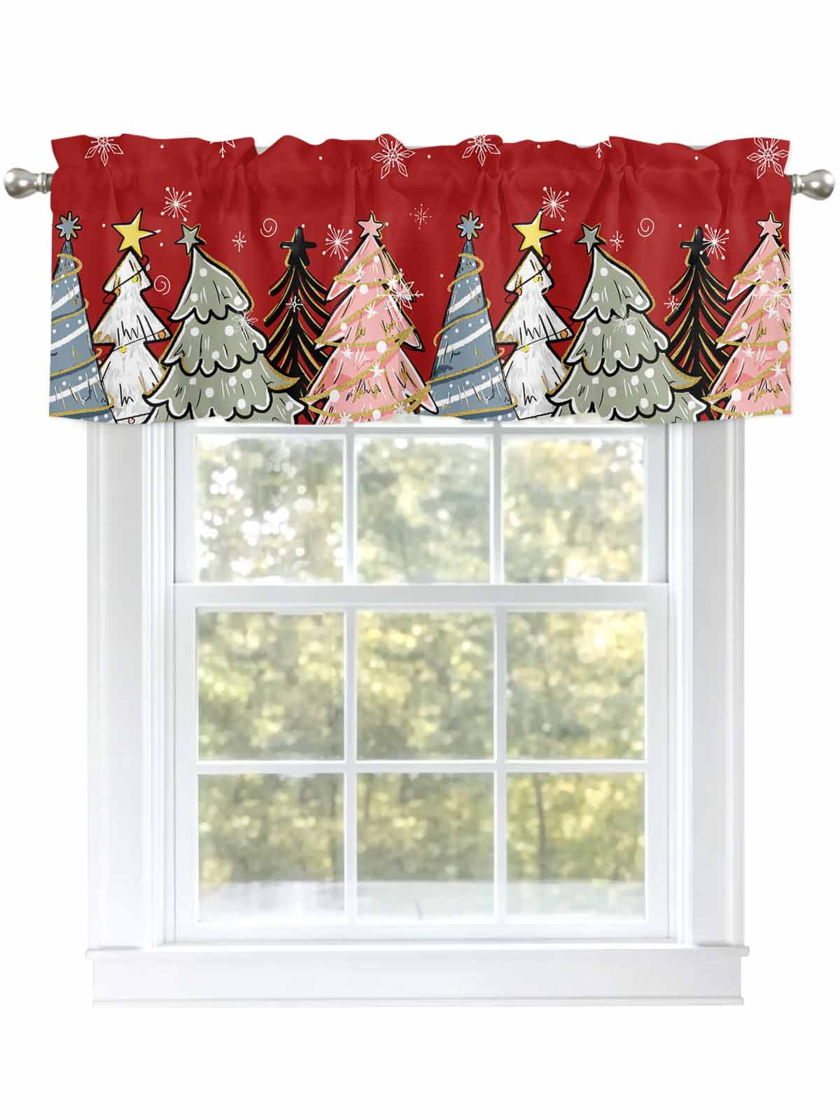 Christmas Winter Valances for Windows Snowflakes Pine Tree Simple Red ...
