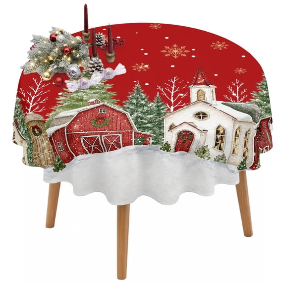 Christmas Winter Village Round Tablecloth 54 inches Rustic Snowy Barn ...