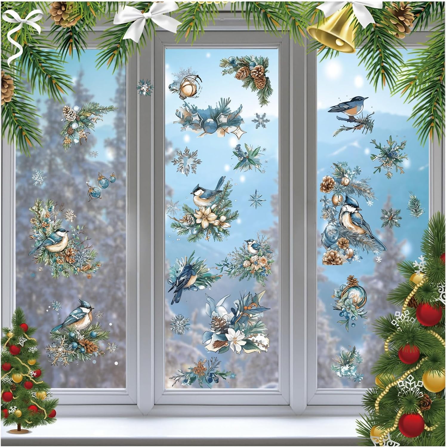 Christmas Winter Window Clings 8 Sheets Birds Snowflakes Pine Tree ...