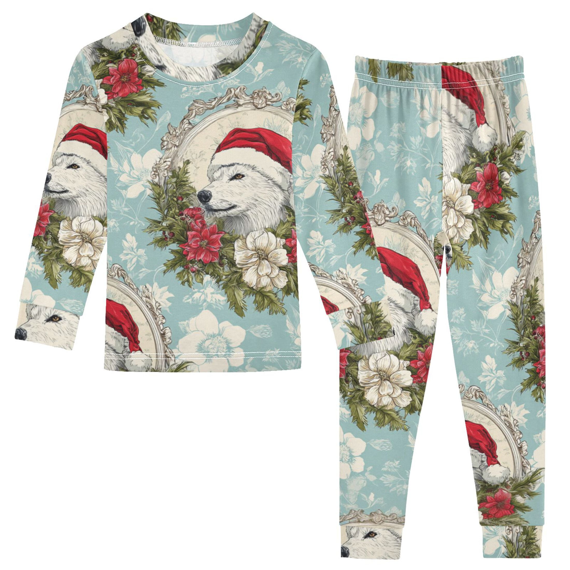 Christmas Wolf in Flower Frame Cotton Pajama Set Long Sleeve Top and ...