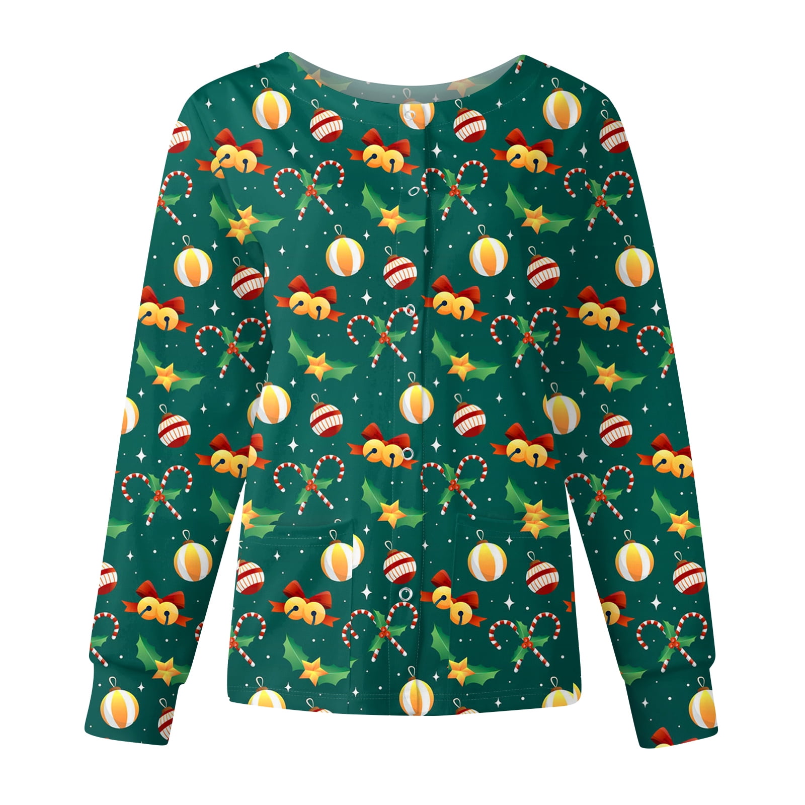 Christmas Women Scrub Jacket Long Sleeve Snowflake Snap Front Work ...