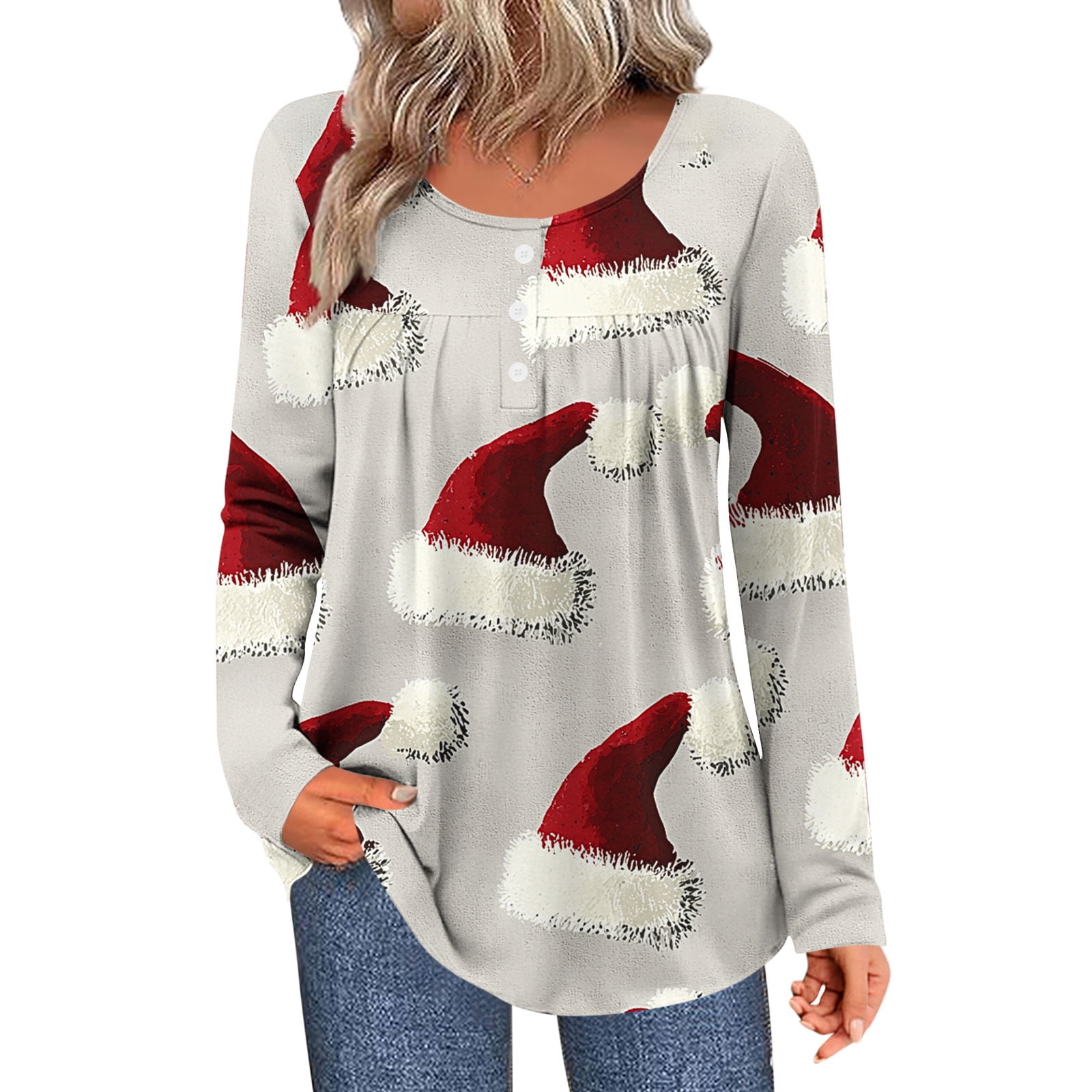 Christmas Women's Button Up Henley V-neck Long Sleeve Front Pleats ...