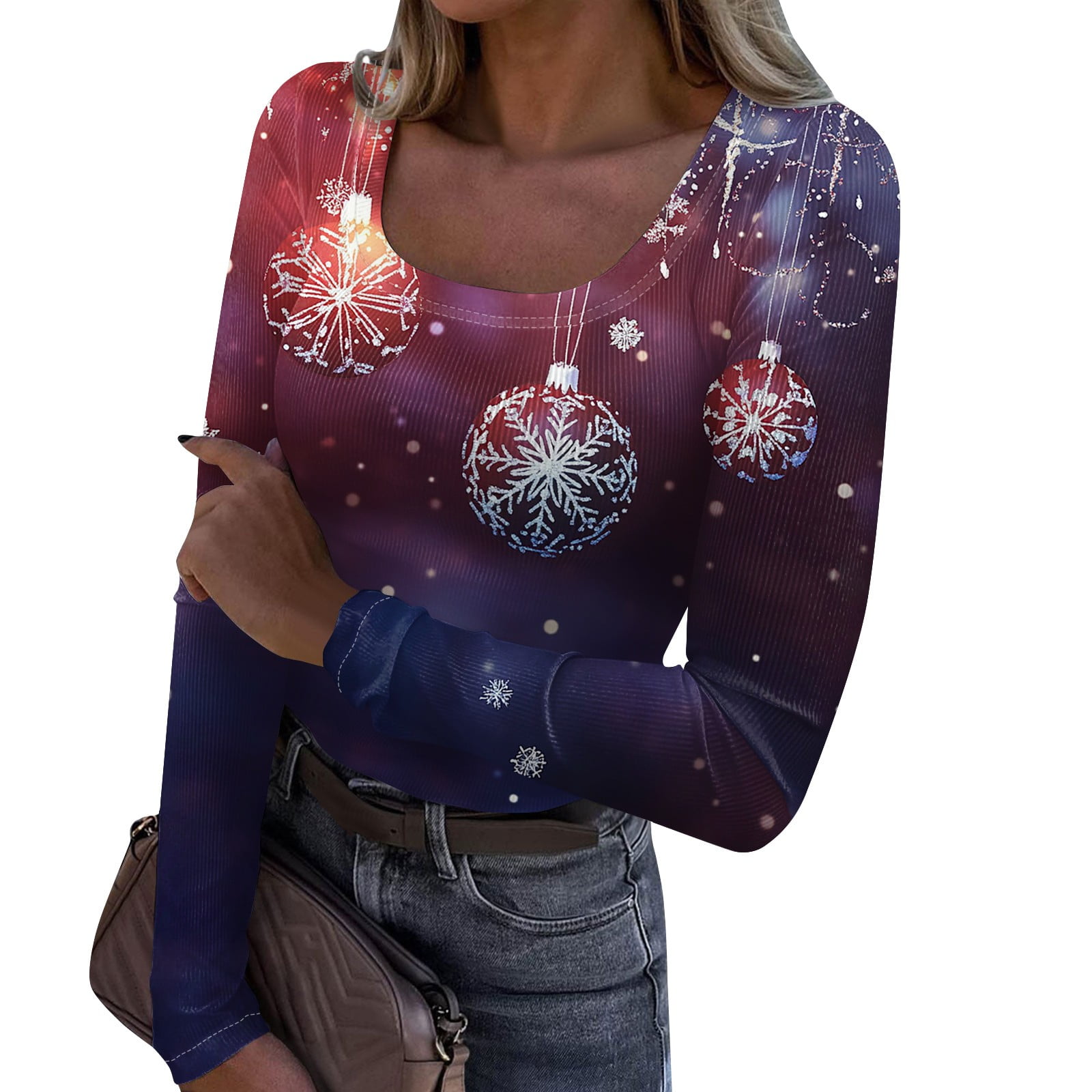 Christmas Women's Long Sleeve Tops Funny Snowflake Pattern Scoop Neck ...