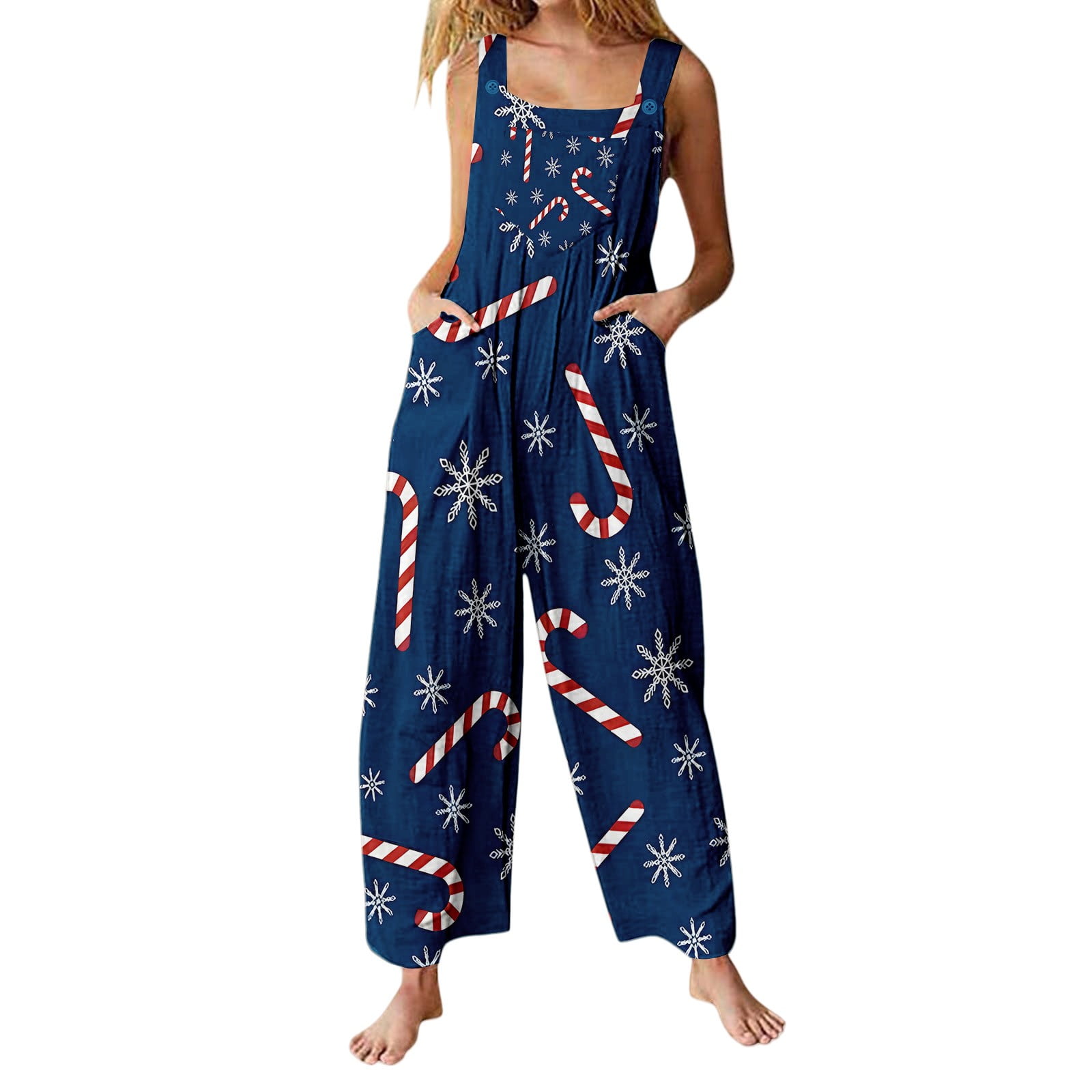 Christmas Women's Overalls Jumpsuits Casual Loose Straps Wide Leg Long ...
