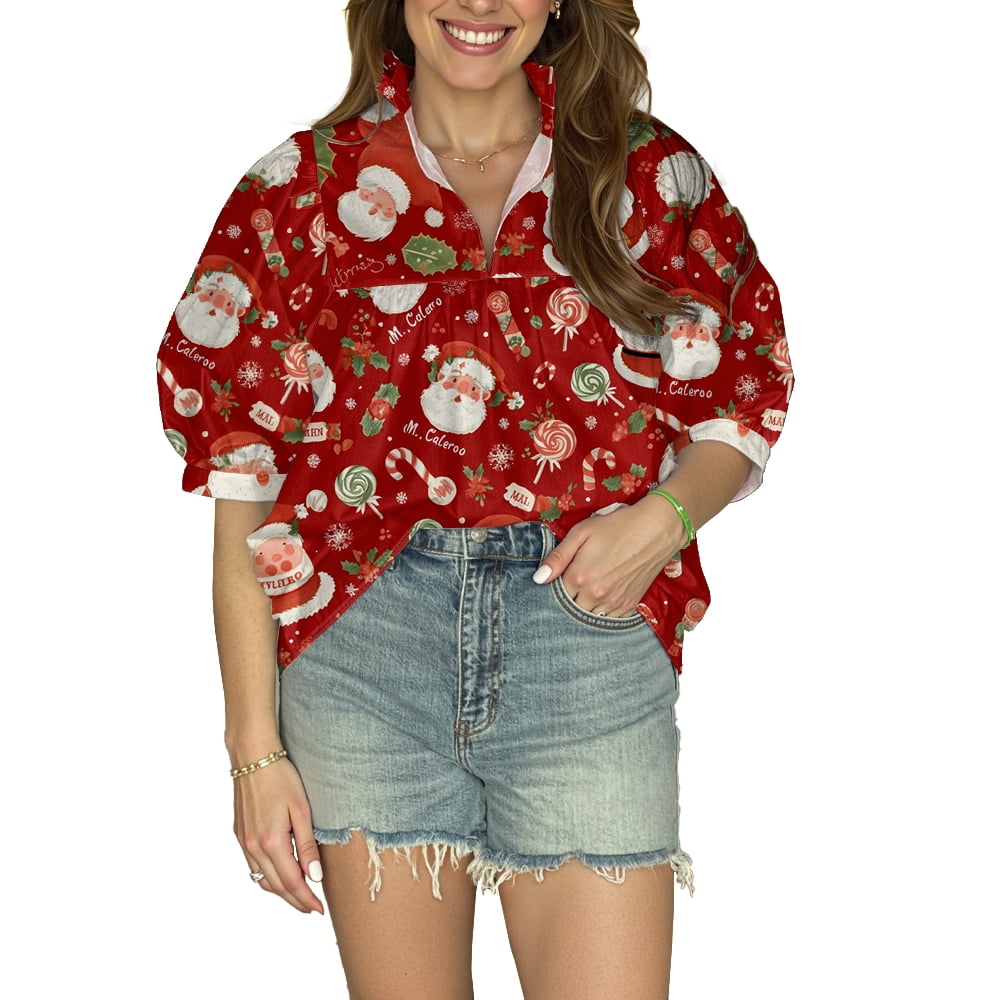 Christmas Women's V-Neck Blouse with Puff Sleeves - Short Sleeve ...
