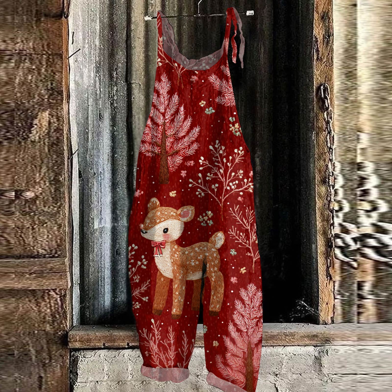 Christmas Womens Cotton Linen Jumpsuits Xmas Tree Graphic Christmas ...