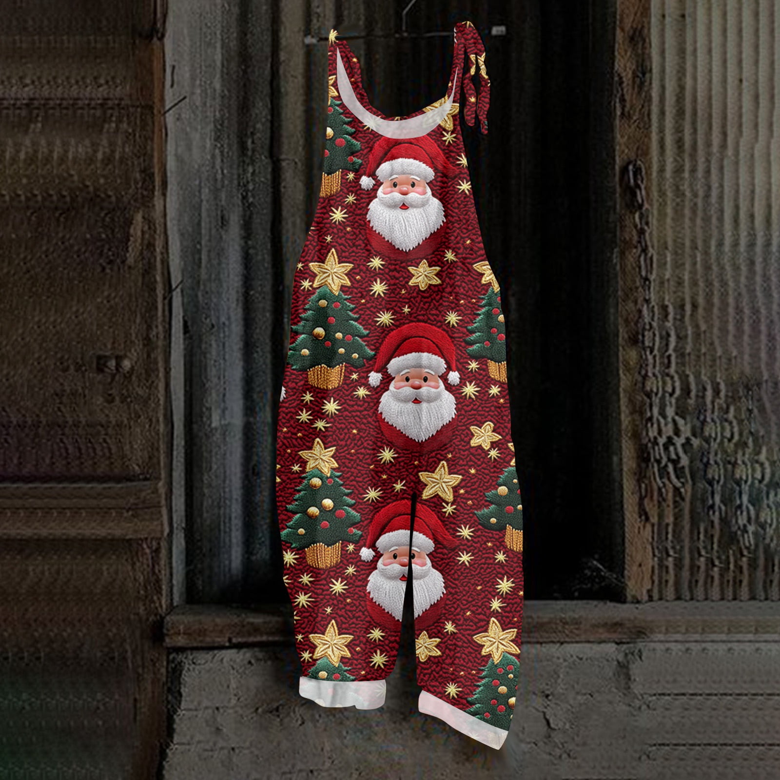 Christmas Womens Jumpsuits Cute Xmas Tree Print Straight-Leg Overalls ...
