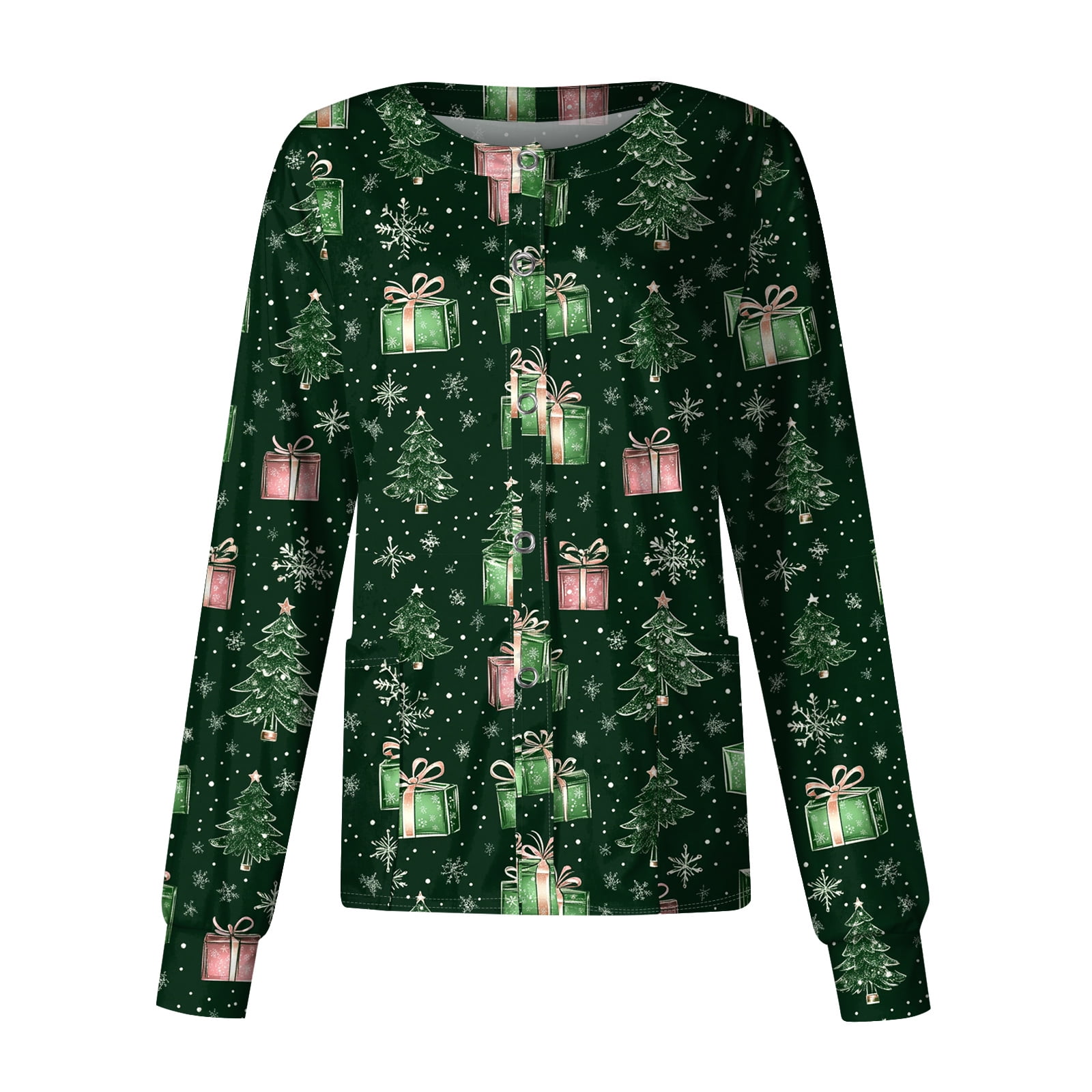 Christmas Womens Scrub Jackets Plus Size Snap Front Cute Xmas Print ...