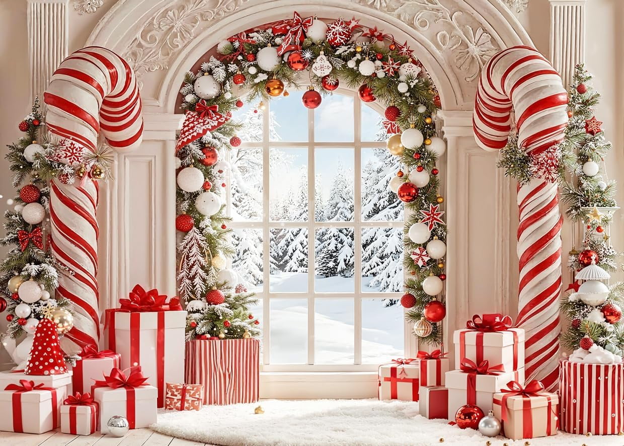 Christmas Wonderland Backdrop Candy Arch Window Snowy Forest Winter ...