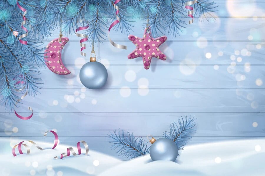 Christmas Wood Board Photo Backdrop Ice Blue Bokeh Xmas Stars Pine Conifers Kids Newborn ...