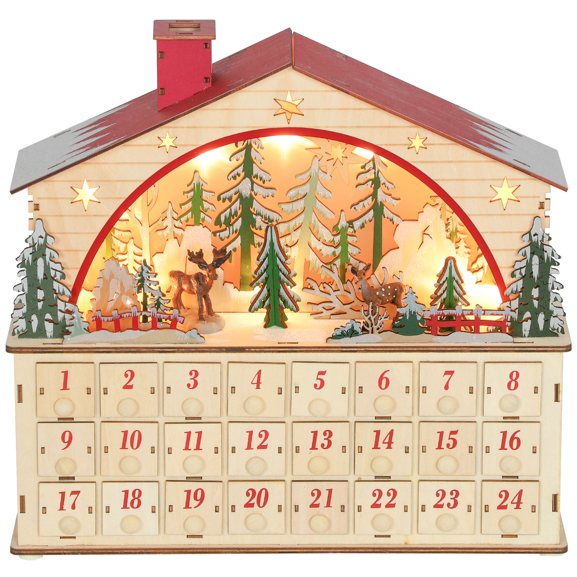 Christmas Wooden Advent Calendar House with 24 Drawers, LED Lights Home ...