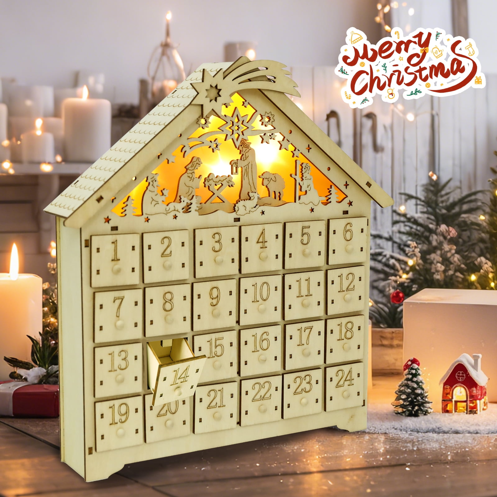 Christmas Wooden Advent Calendar-LED LIGHT Battery OPERATED storage box ...