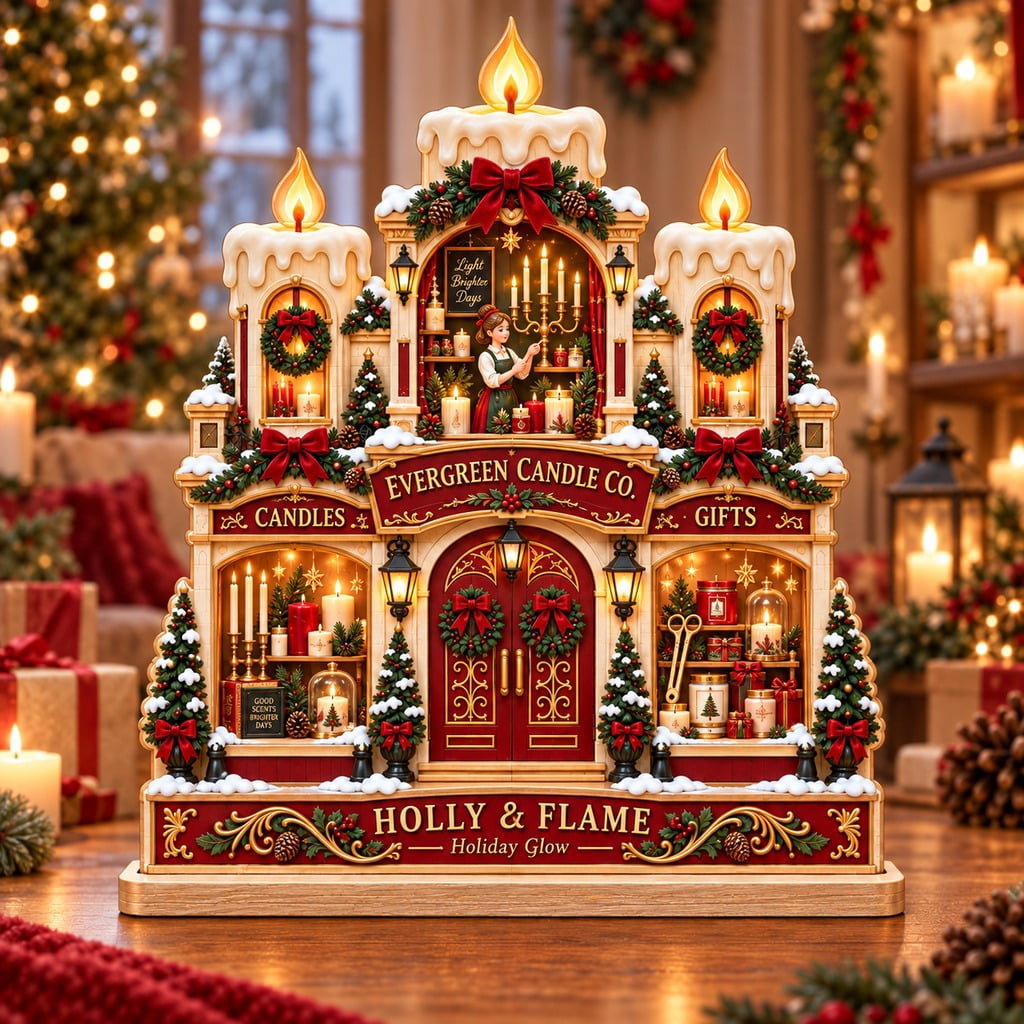 Christmas Wooden Block Candle Shop Scene, Tabletop Holiday Display for ...