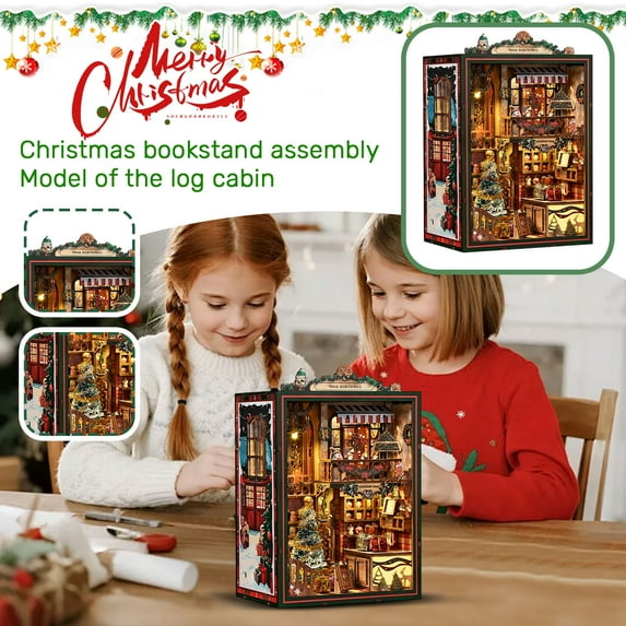 Christmas Wooden Puzzle Bookend, Assembled Cabin Handmade 3D Model With ...