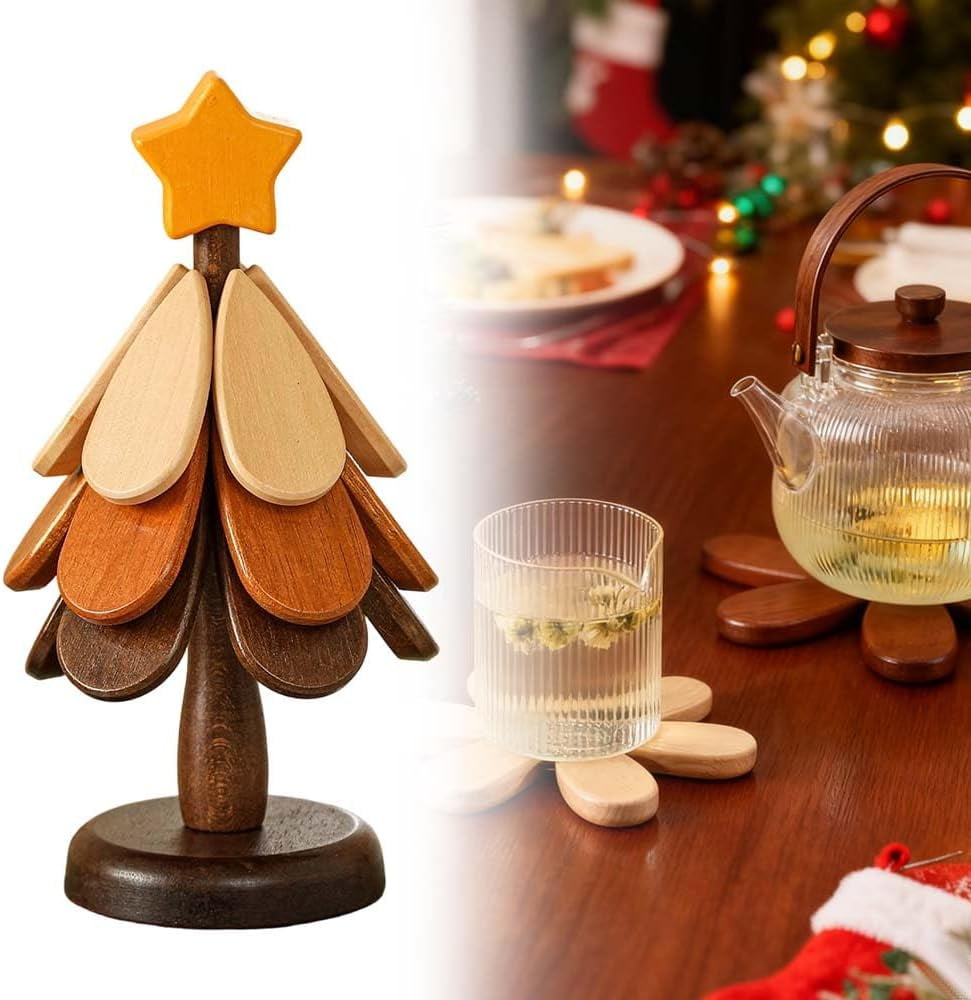 Christmas Wooden Tree Trivet Set, 2025 Heat Resistant Wooden Trivet Set ...