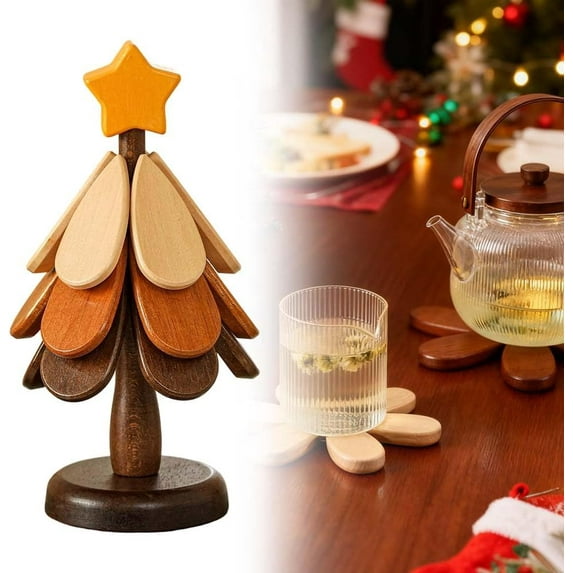 Christmas Wooden Tree Trivet Set, 2025 Heat Resistant Wooden Trivet Set for Hot Dishes, Set of 4 ...