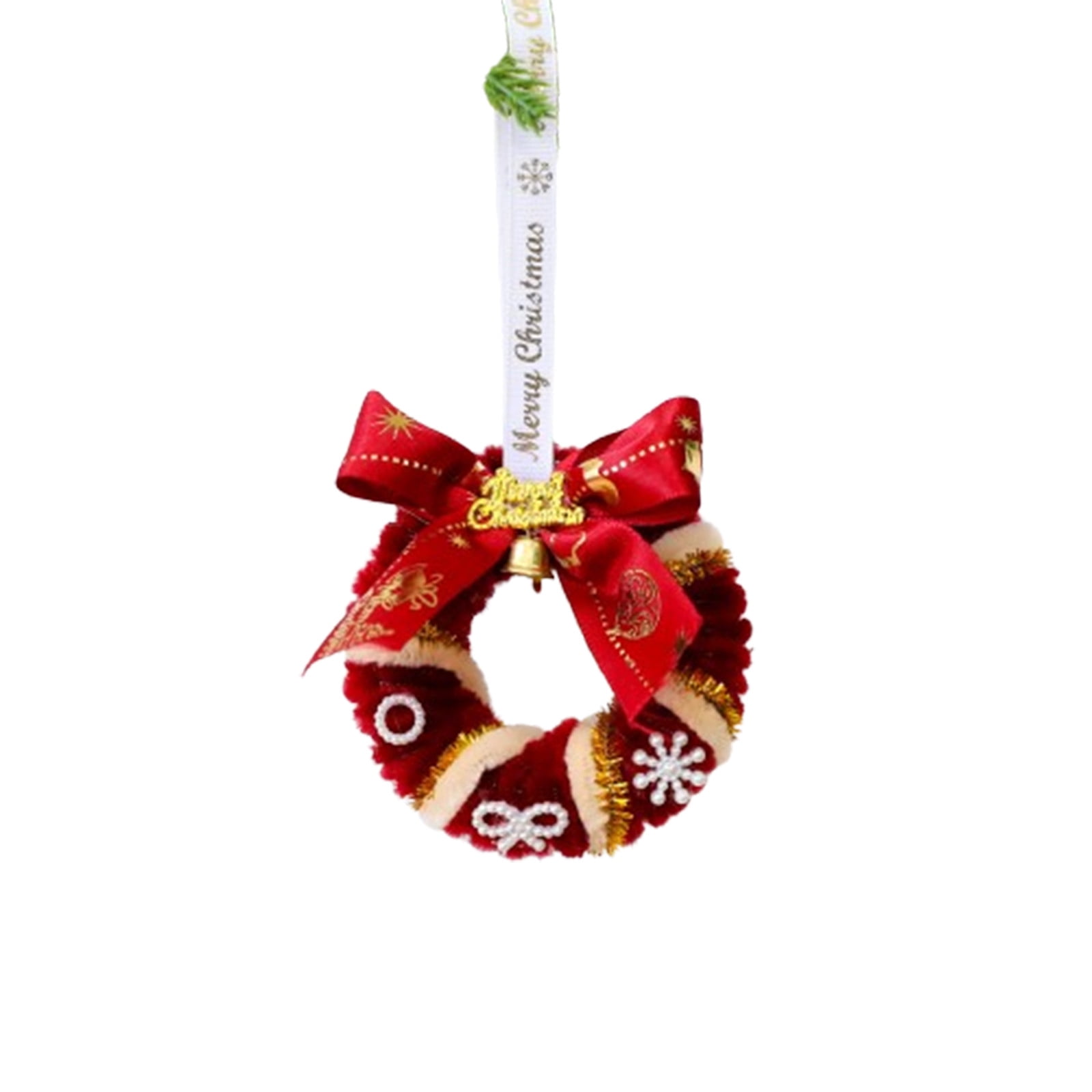 Christmas Woven Fabric Wreath Ornament - Reindeer & Bow Themed Hanging ...