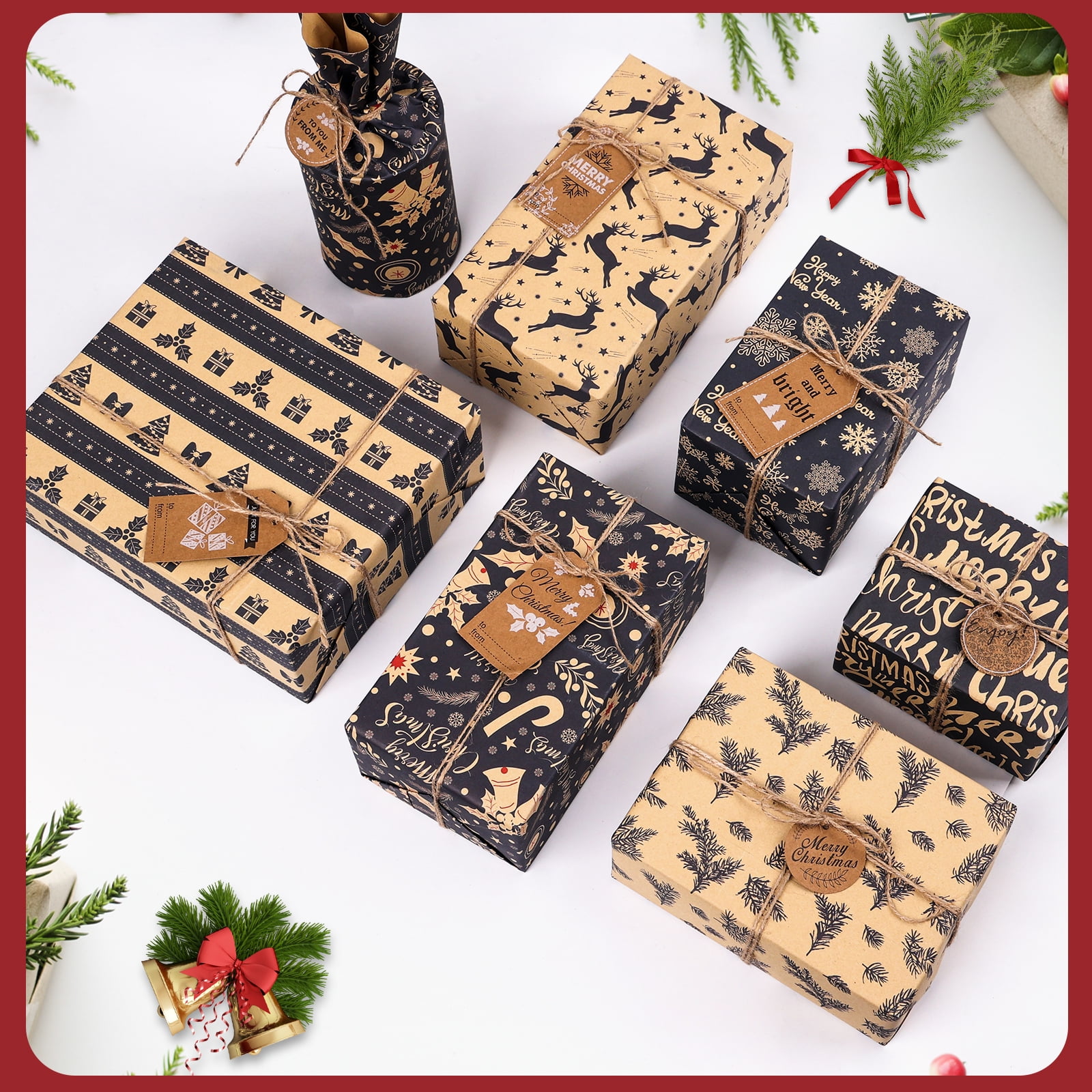 Christmas Wrapping Paper, 12 Sheets Navy Blue and Brown Xmas Gift ...