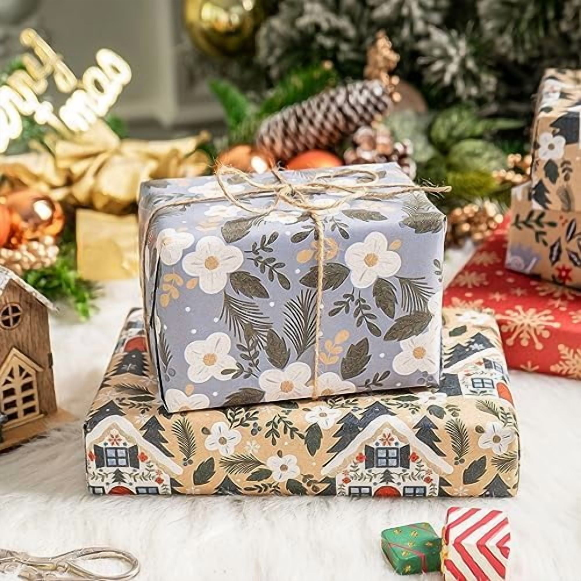 Christmas Wrapping Paper, Kraft Paper - Dove, Snowflake, Flower, and ...