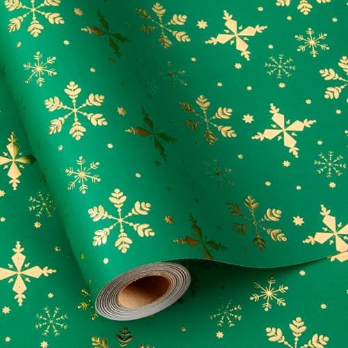 Christmas Wrapping Paper,Metallic Gold Embossed Foil Snowflake Green ...
