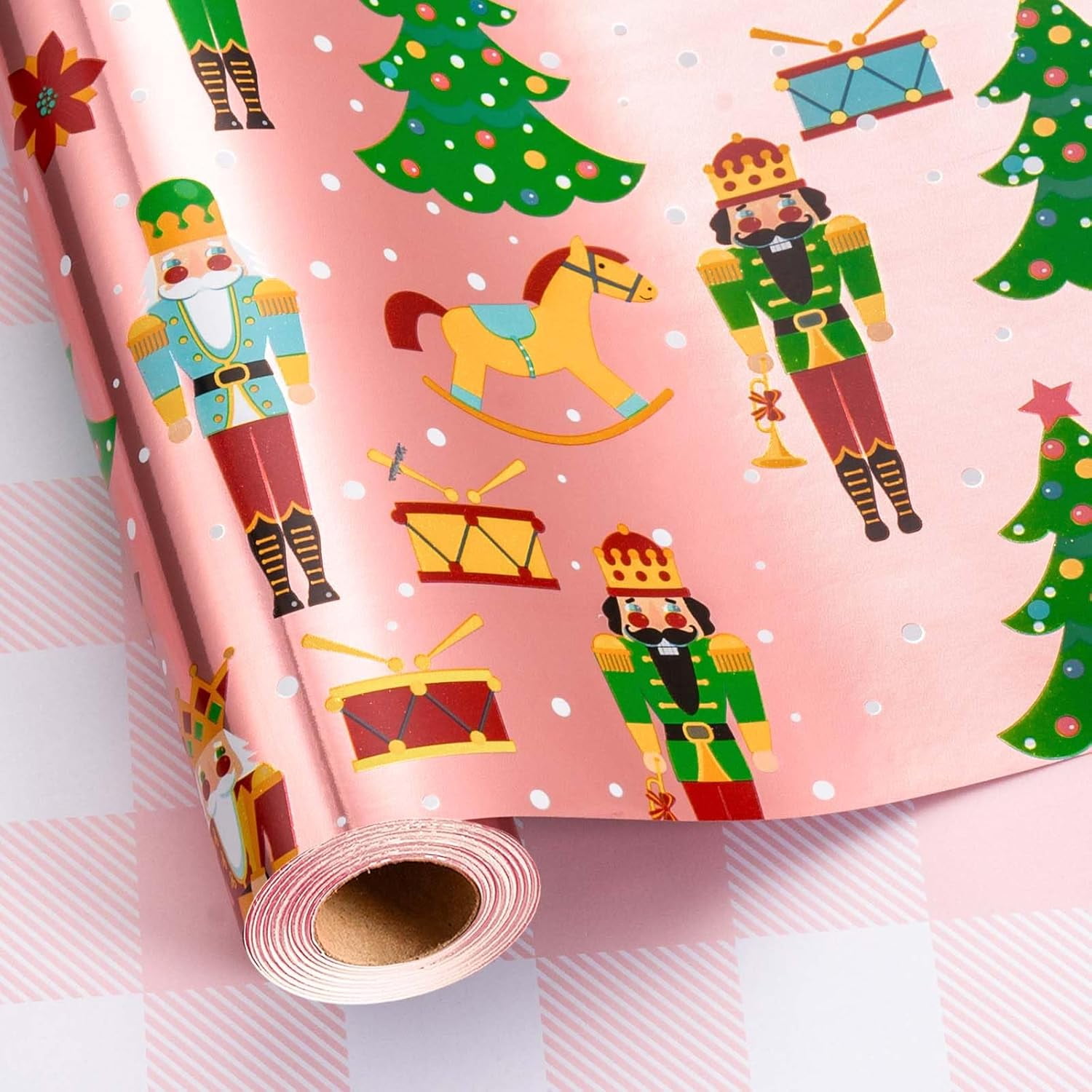 Christmas Wrapping Paper, Reversible Pink Nutcracker and Christmas Tree ...