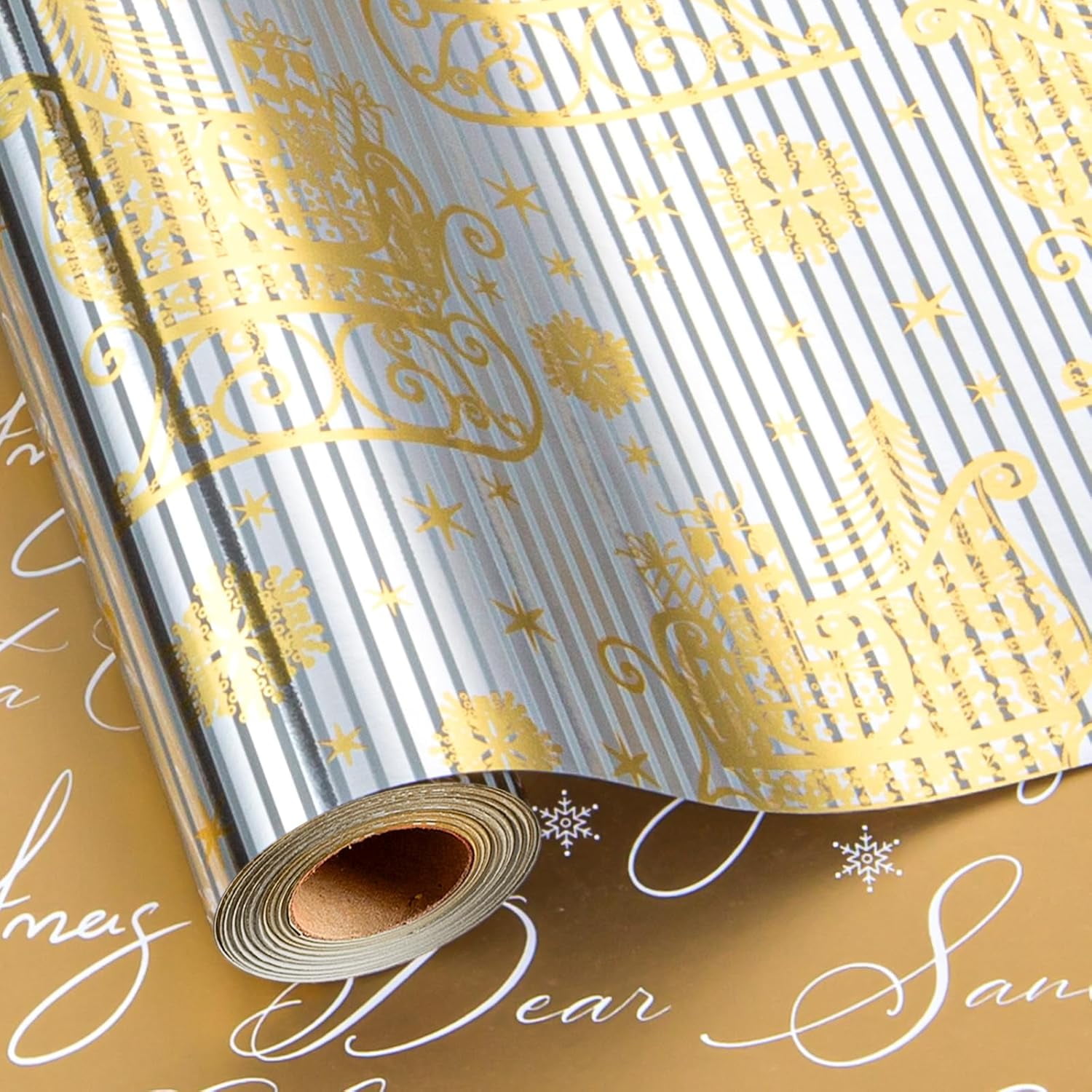 Christmas Wrapping Paper, Reversible Silver Gold Leaf Sled Design Gift ...