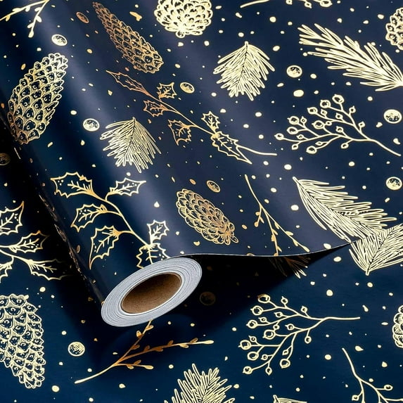 Christmas Wrapping Paper Roll-46.8 sq.ft. (17in x 33ft) Metallic Shine Navy Blue with Gold Pine ...
