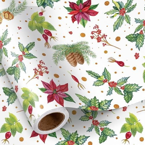 Christmas Wrapping Paper Roll, Poinsettia Holly Pine Cone Pattern White ...