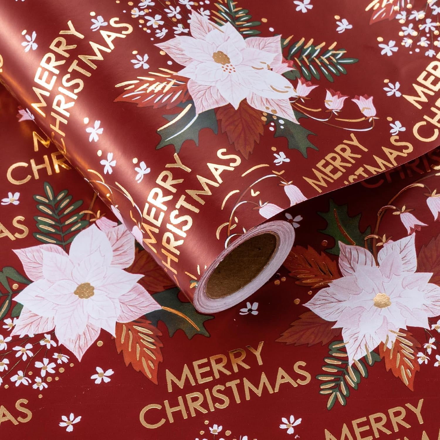 Christmas Wrapping Paper Roll - Red Flower & Merry Christmas Gold Foil ...