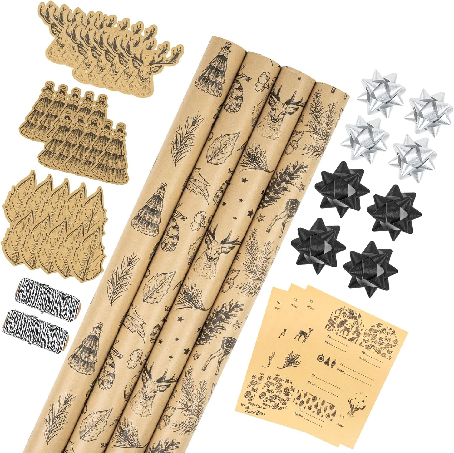 Christmas Wrapping Paper Set - 4 Rolls of Kraft Wrapping Paper (30 ...