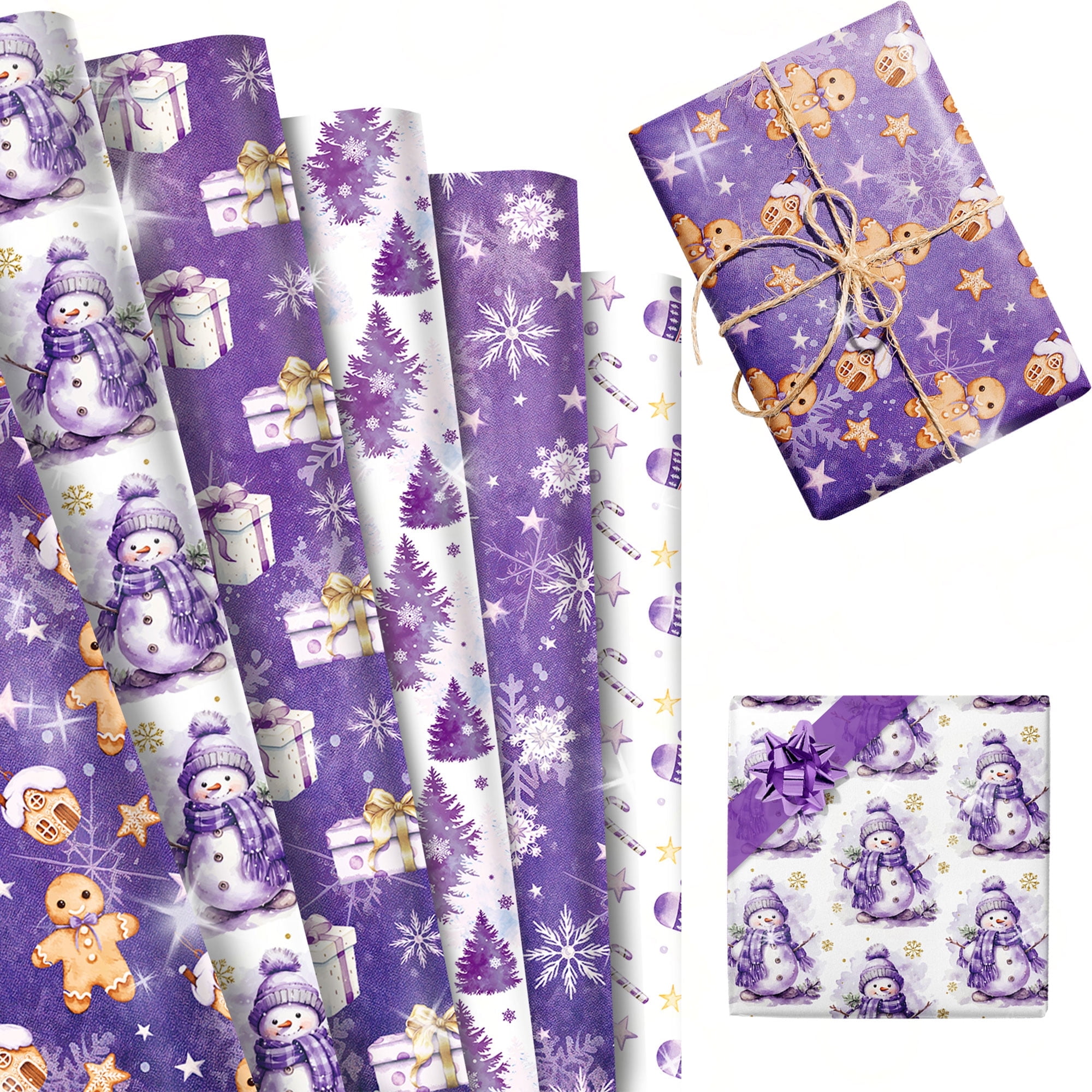 Christmas Wrapping Paper Set - Purple Winter Theme 12 Sheets 6 Designs ...