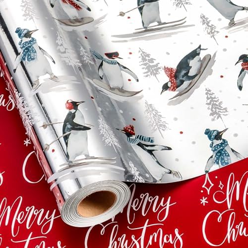 Christmas Wrapping Paper - Thick Metallic Foil Silver Cute Penguin ...