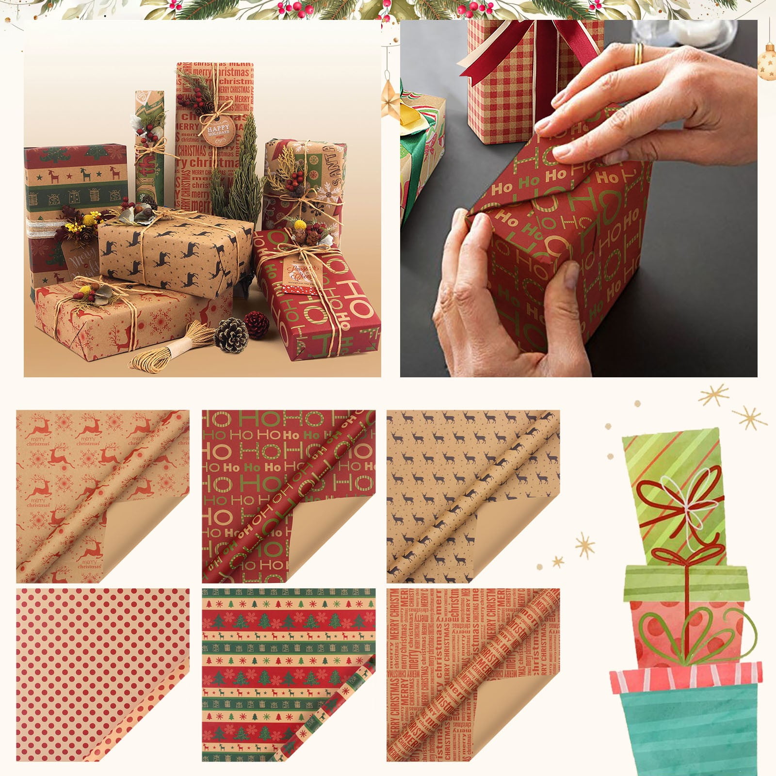 Christmas Wrapping Paper for Kids Adults-20''*27.5'',6 Sheets - Easy to ...