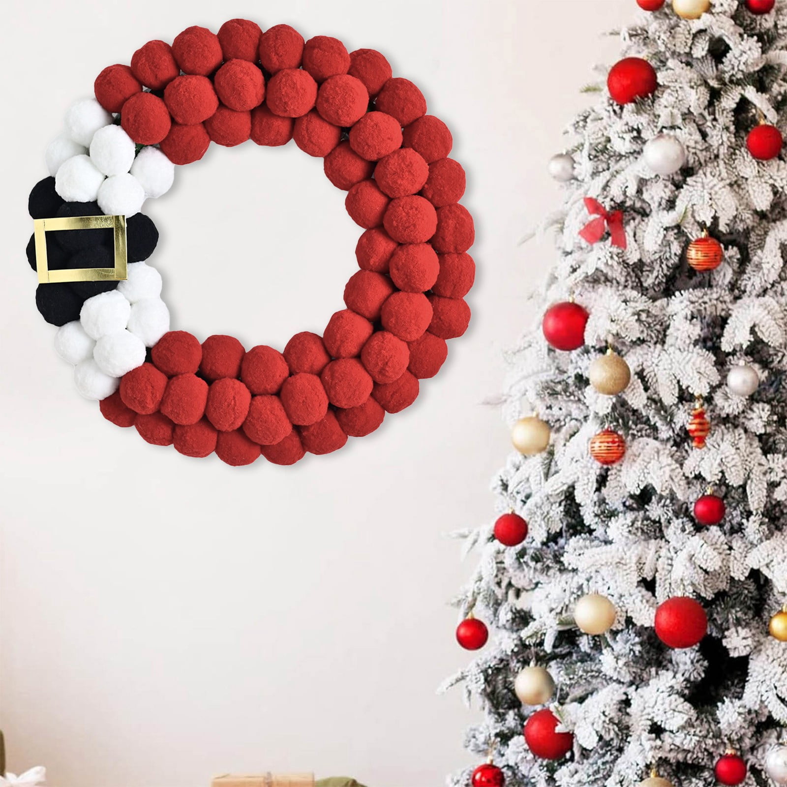 Christmas Wreath, 14 Inch Red White Black Pom Pom Wreath with Belt ...