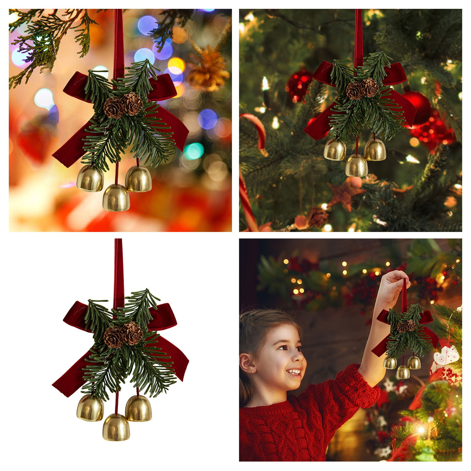 Christmas Wreath Bow With Bells And Pine Cones, Christmas Tree Topper ...