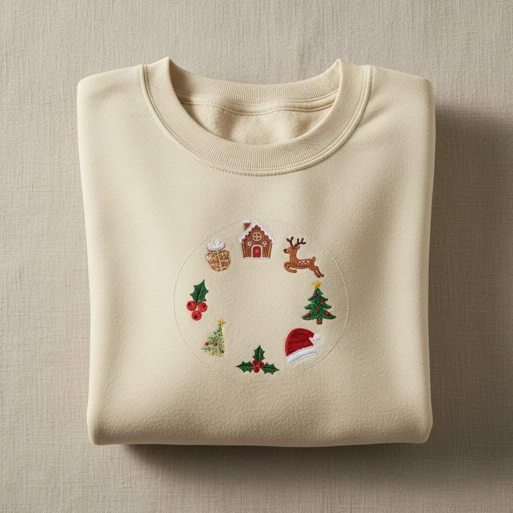 Christmas Wreath Embroidered Sweatshirt, Festive Icons Crewneck, Holiday Gingerbread House ...