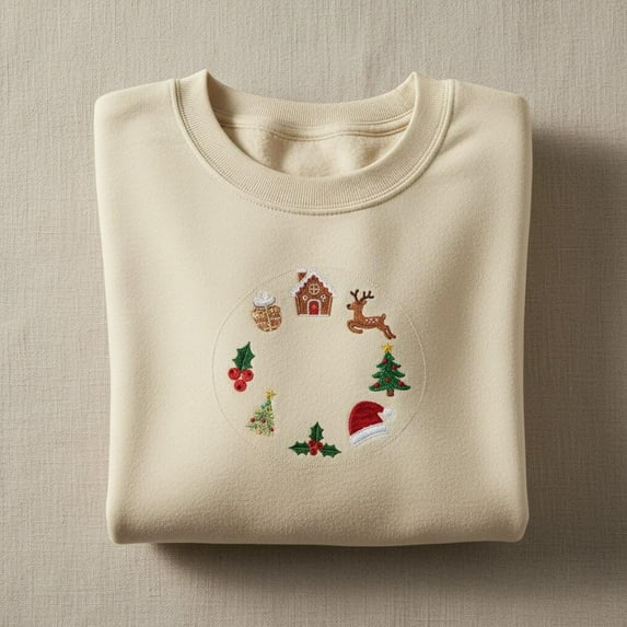 Christmas Wreath Embroidered Sweatshirt, Festive Icons Crewneck ...
