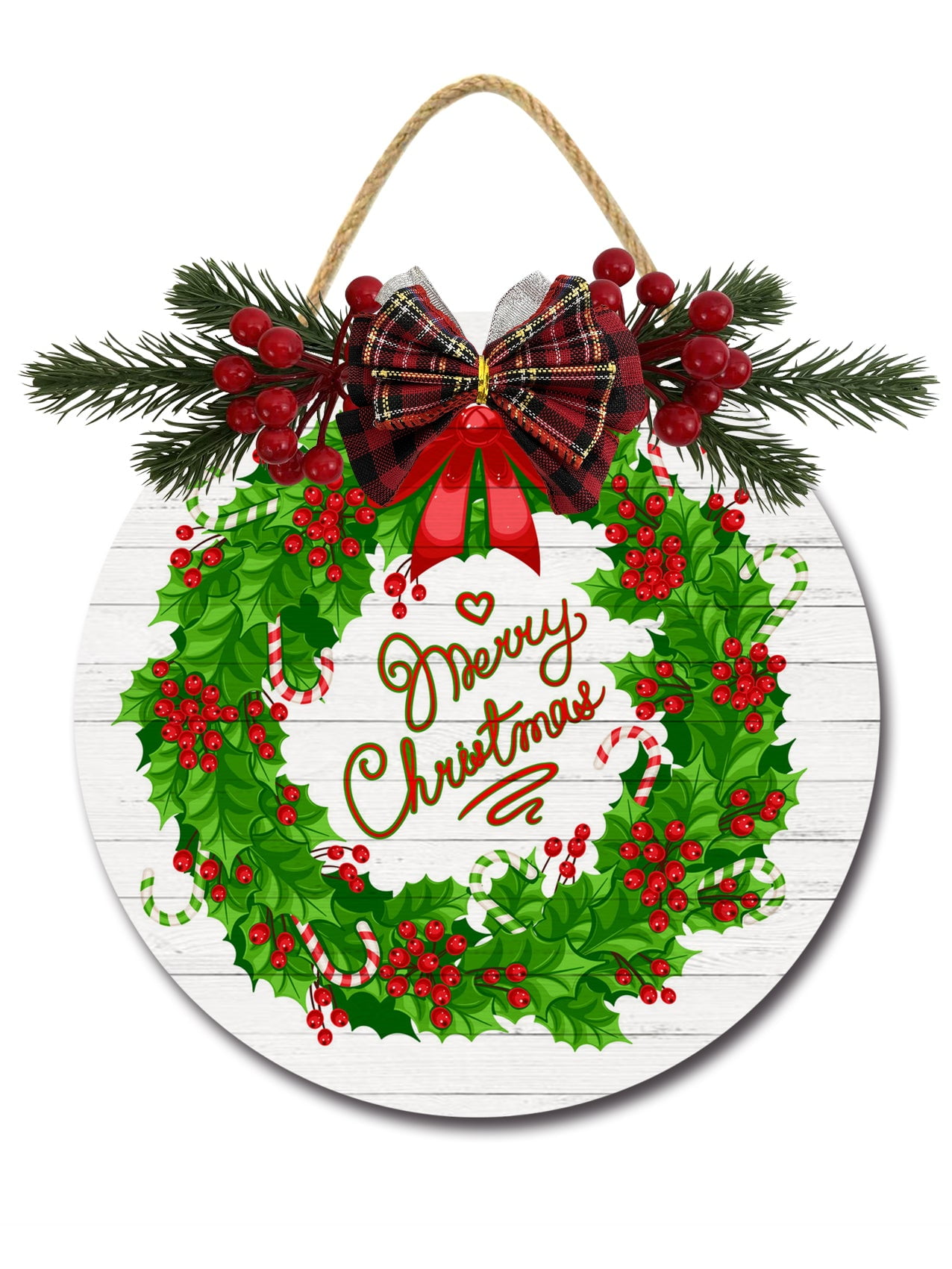 Christmas Wreath Holly Sign Front for Door Decoration, 12 in Round Wood ...