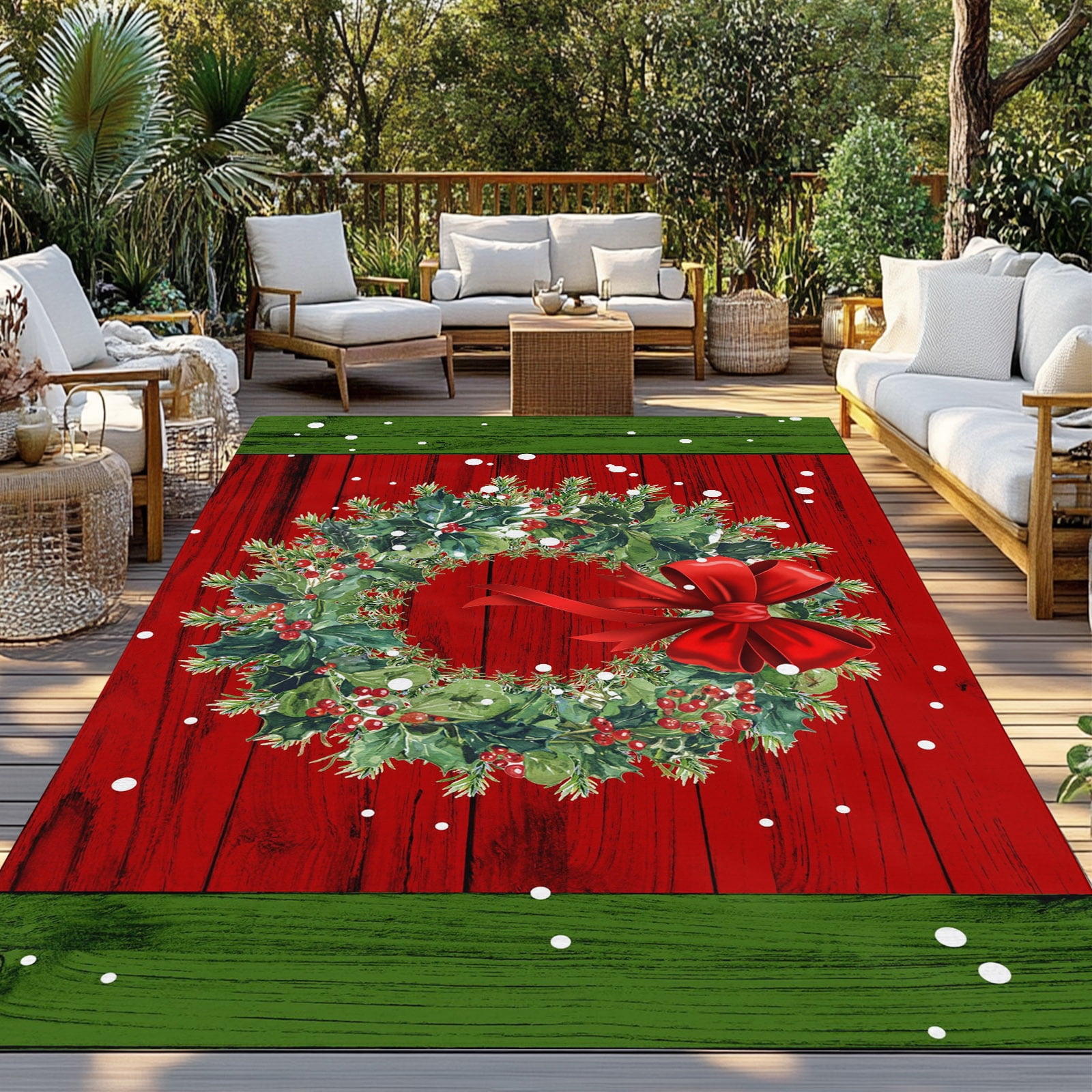 Christmas Wreath Indoor Outdoor Rugs 3x5 Ft, Red Bowknot Wreath Berry ...