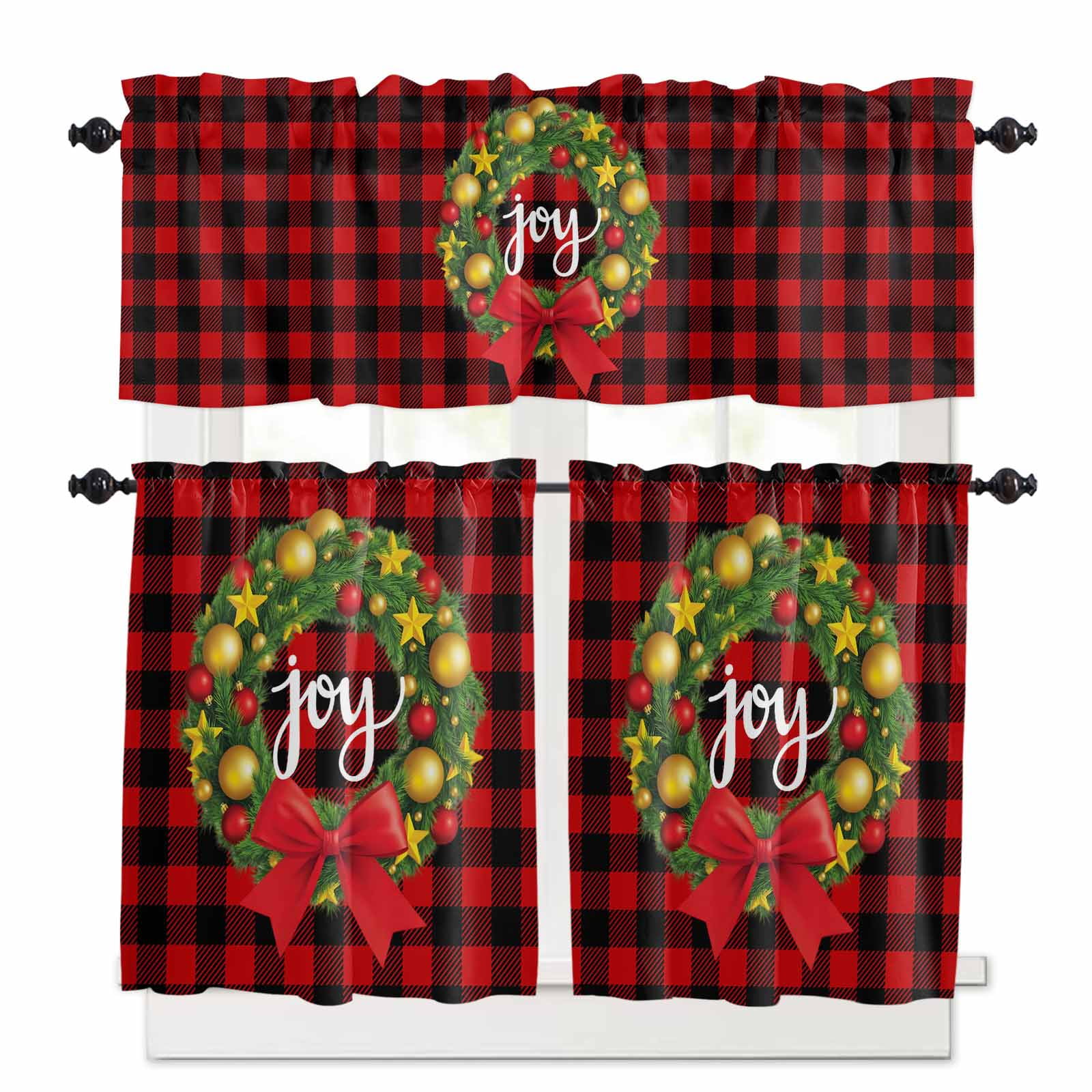 Christmas Wreath Kitchen Curtains Valances and Tiers Set of 3 Red Check ...