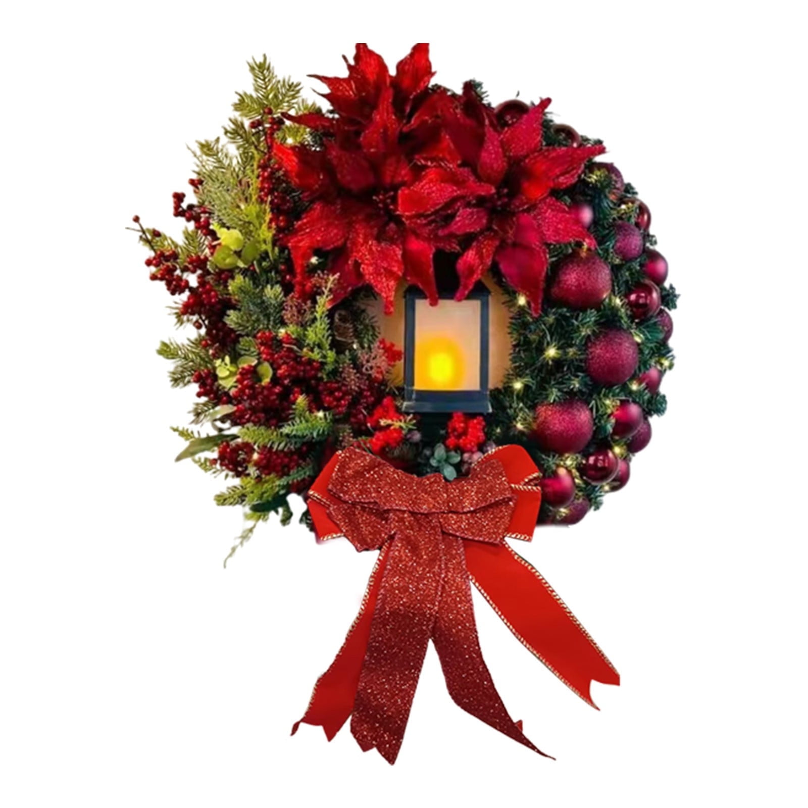 Christmas Wreath with Lantern Red Berries and Bows Door Hanging ...