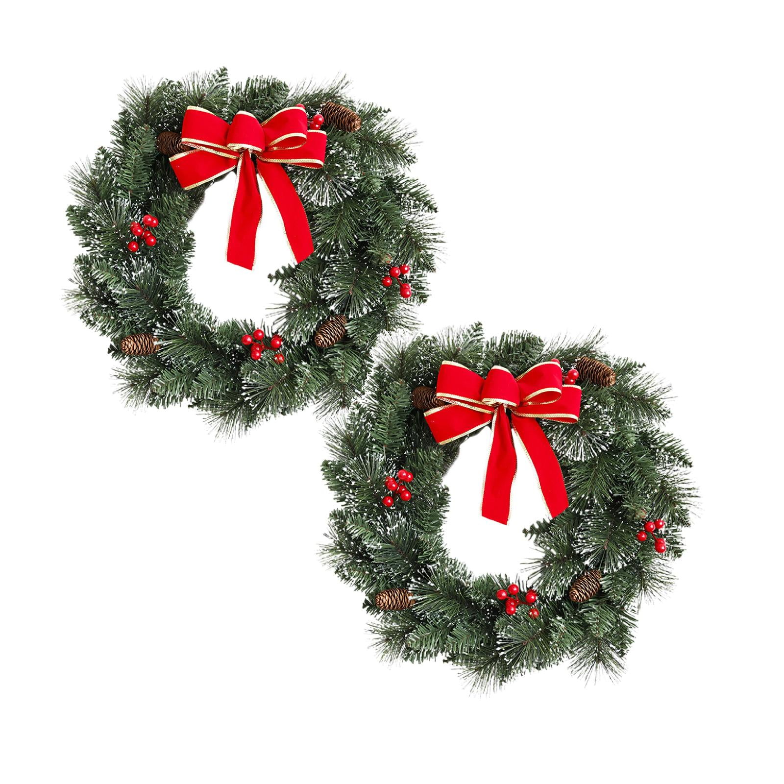 Christmas Wreath With Pine Needles, Red Berries, Large Red Bow, And ...